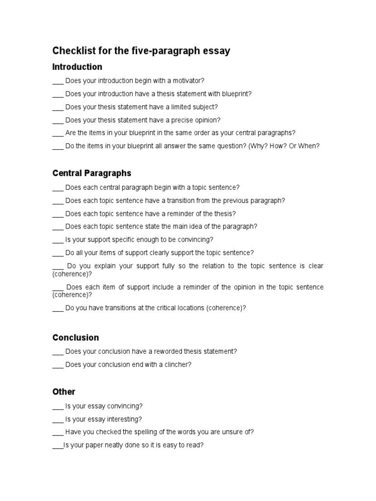 Five-Paragraph Essay Checklist | PDF | Self-Improvement