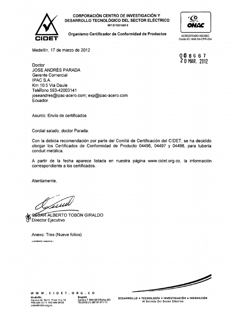 Certificado Tuberia Emt-Imc-Rmc | PDF