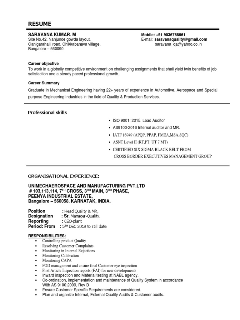 Saravana Kumar.M Resume | PDF | Quality Assurance | Iso 9000