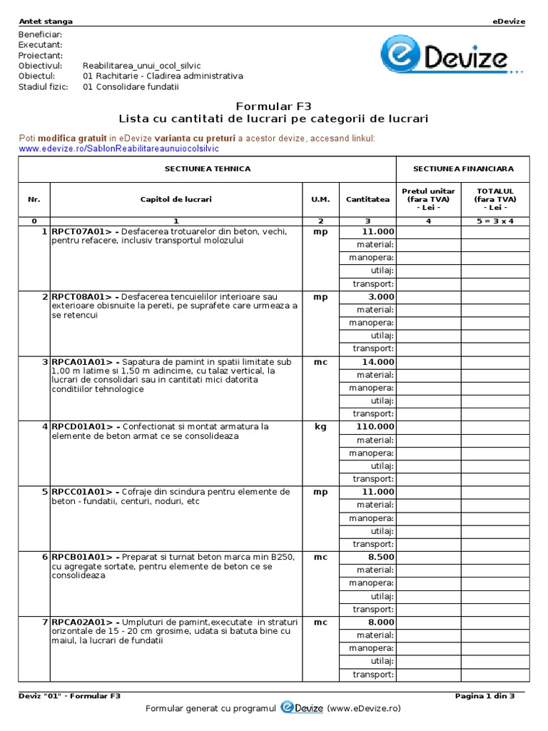 Reabilitarea Unui Ocol Silvic F3 Lista Cantitati | PDF