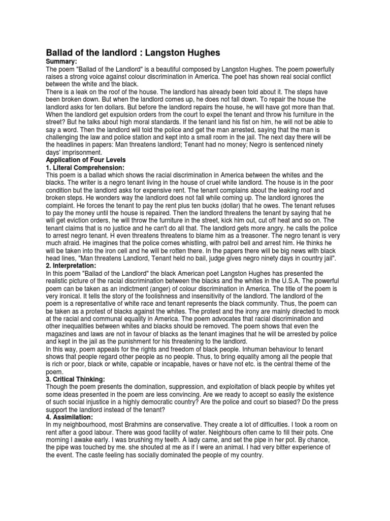 Ballad of The Landlord: Langston Hughes: Summary | PDF | Gautama Buddha ...
