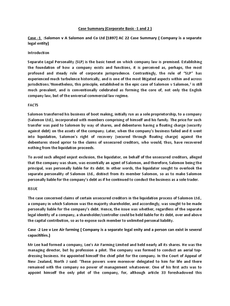 Company Law Case Summaries | PDF | Mortgage Law | Dividend
