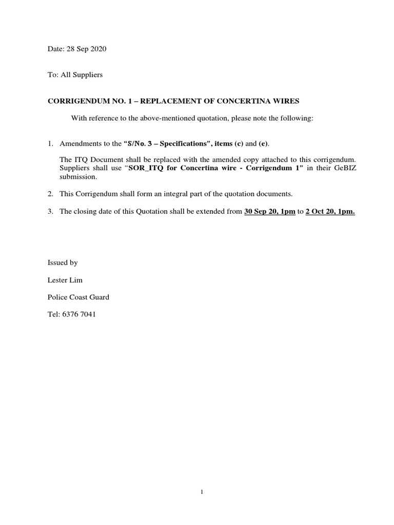 Corrigendum No 1 - Amendments To Specifications | PDF | Business ...
