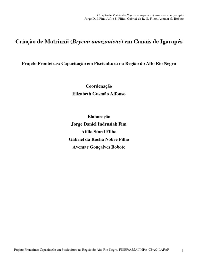 Guia para criação de matrinxã (Brycon amazonicus) em canais de igarapés ...