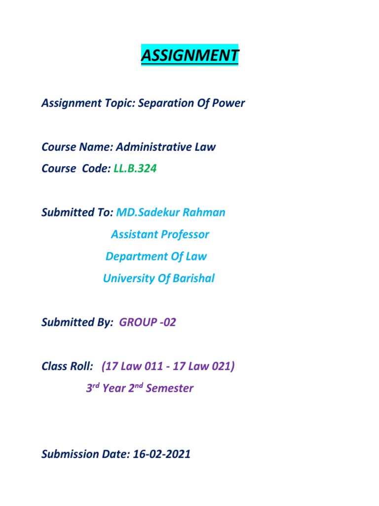Assignment: Assignment Topic: Separation of Power | PDF | Separation Of Powers Under The United ...