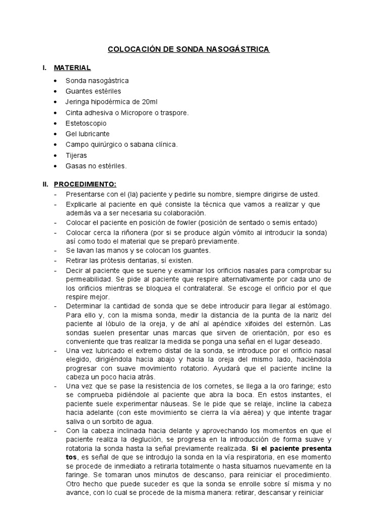 Colocación De Sonda Nasogástrica Y Vesical Pdf Especialidades