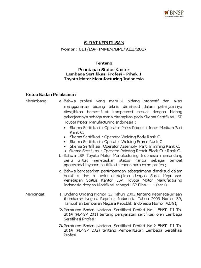 Tmmin - 011 - SK Penetapan Status Kantor LSP | PDF