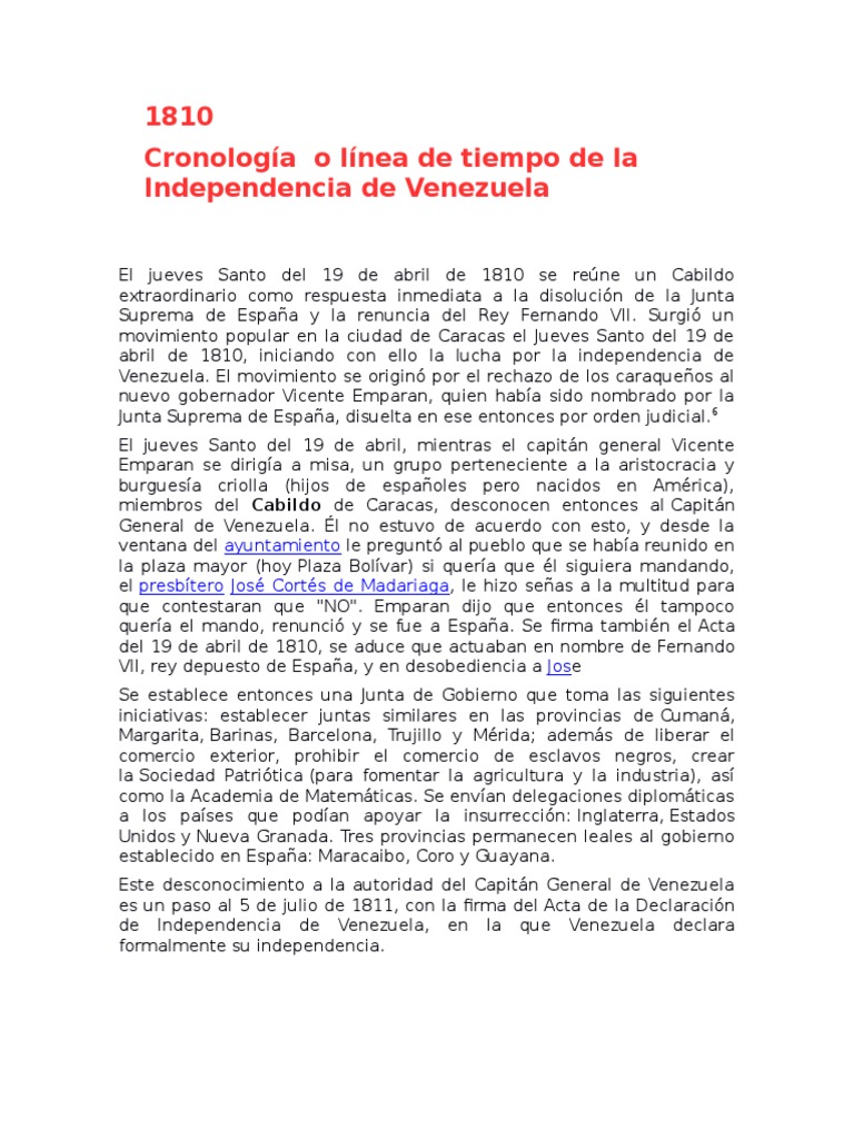 Cronología o Línea de Tiempo de La Independencia de Venezuela 2 | PDF ...