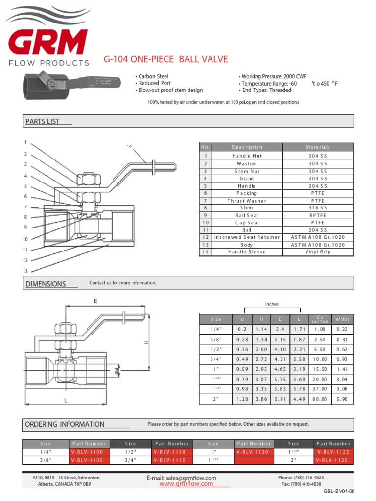 G-104 One-Piece Ball Valve: Parts List | PDF | Equipment | Chemical ...