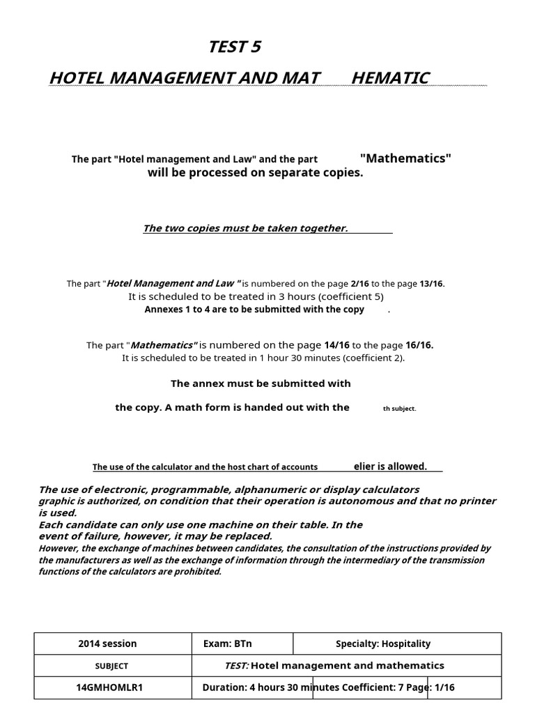 Hospitality Exam: Management & Math | PDF | Menu | Employment