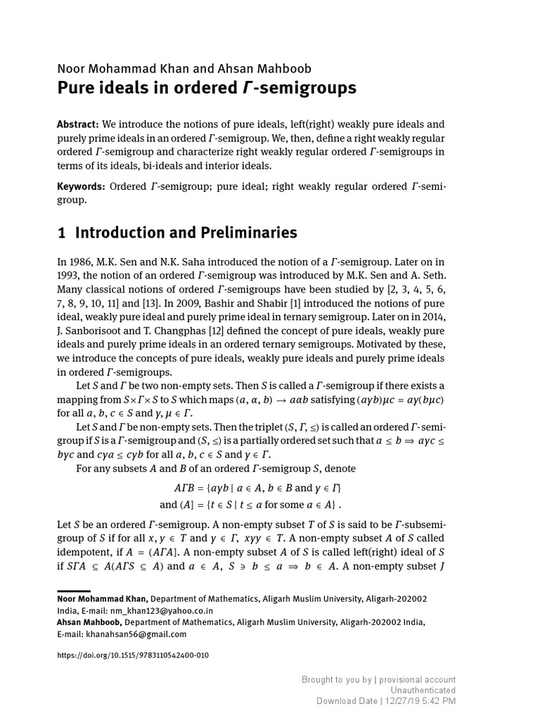 Pure ideals in ordered Γ -semigroups: 1 Introduction and Preliminaries | PDF | Theorem ...