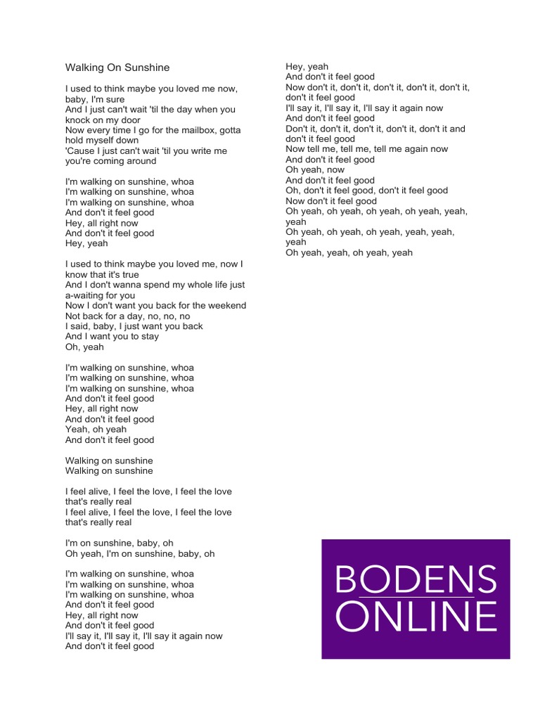 Walking On Sunshine Lyrics | PDF | Self-Improvement