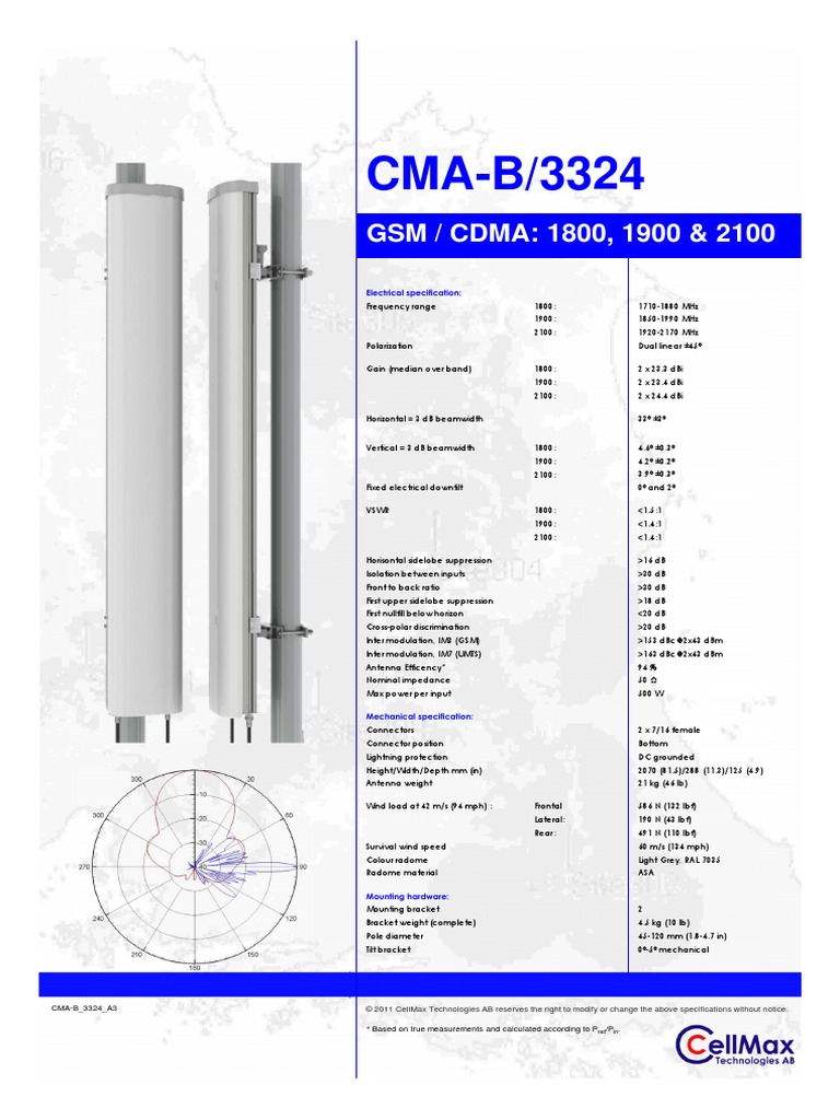 Cma-B/3324: GSM / Cdma: 1800, 1900 & 2100 | PDF | Decibel | Antenna (Radio)