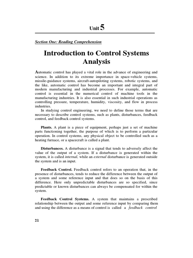 Introduction To Control Systems Analysis: Section One: Reading ...