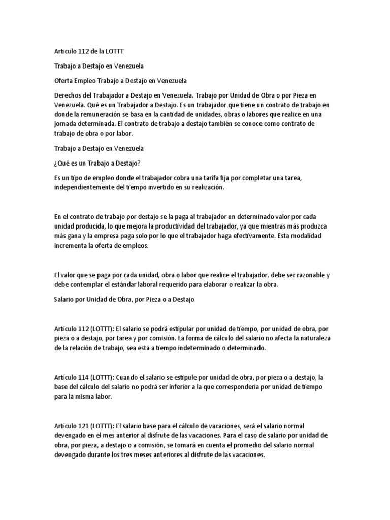 Trabajo a Destajo en Venezuela: Definición y Derechos | PDF | Pieza de ...