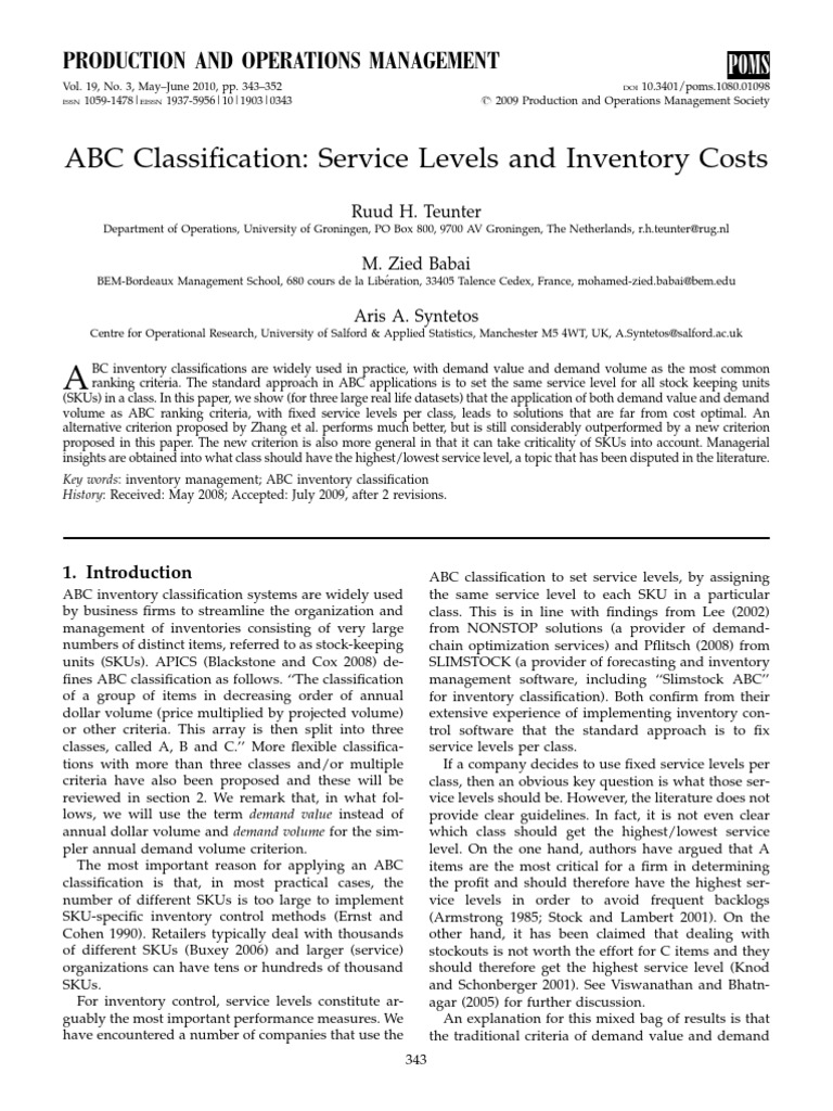 ABC Classification Service Levels and Inventory Costs | PDF | Inventory ...