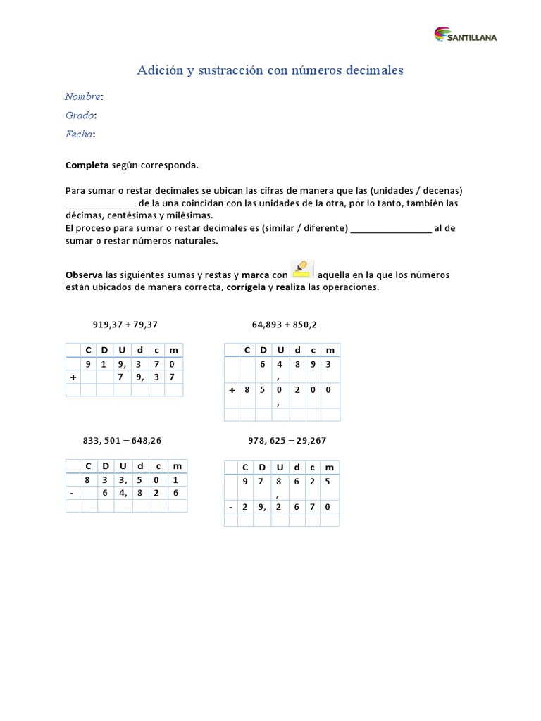 Suma y Resta de Decimales | PDF | Métodos y materiales de enseñanza