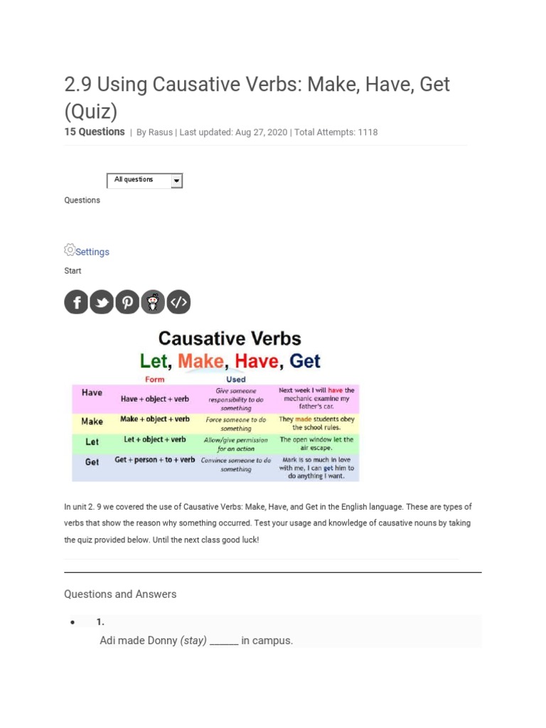 2.9 Using Causative Verbs: Make, Have, Get (Quiz) : 15 Questions | PDF ...