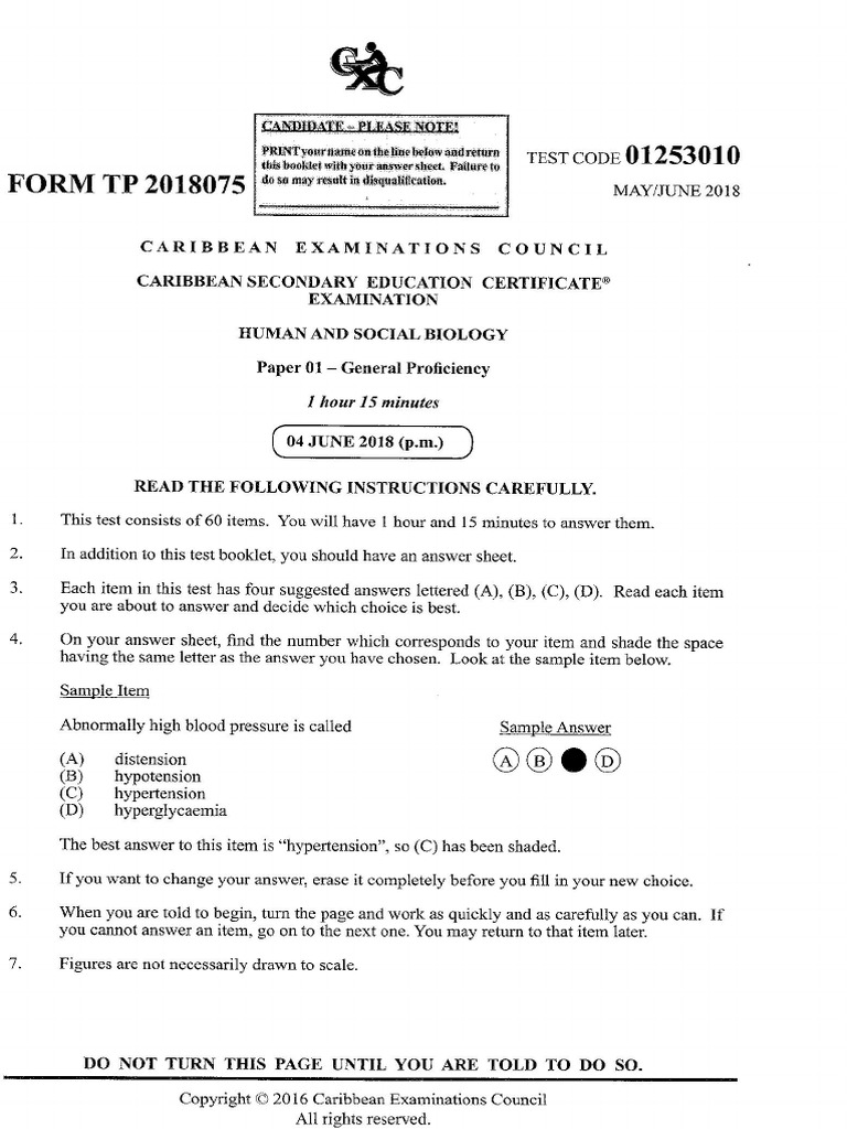 CSEC HSB P1 Jun - 2018 | PDF