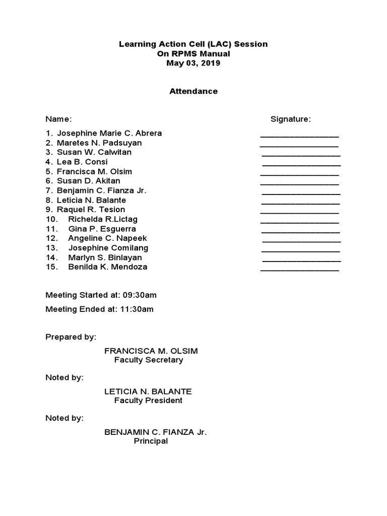Attendance Record and Summary of the May 03, 2019 Learning Action Cell ...