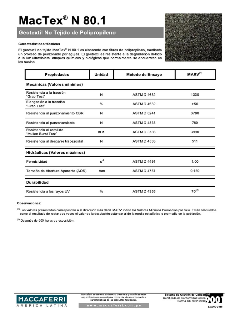 Hoja Técnica Geotextil No Tejido MacTex 80.1 | PDF