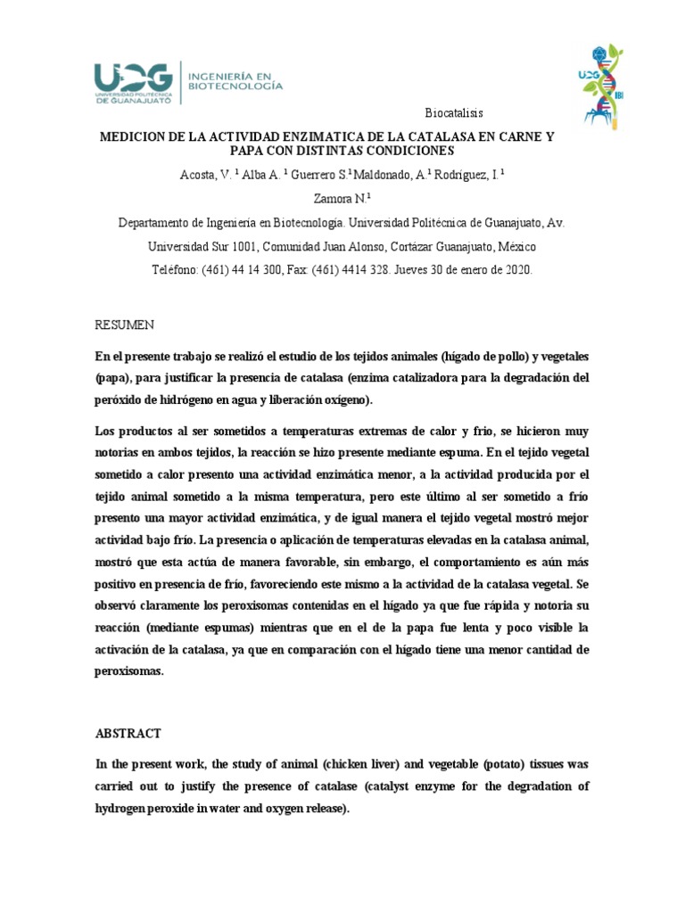 Biocatalisis Practica 1 | PDF | Peróxido de hidrógeno | Enzima