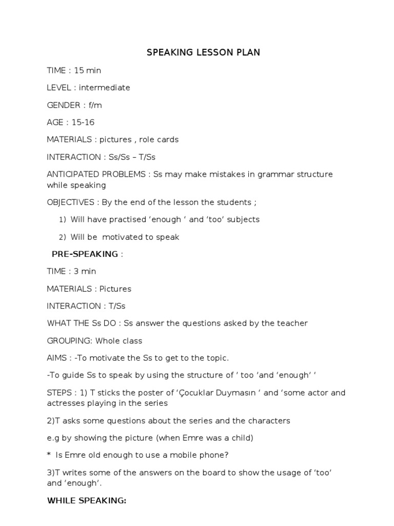 Speaking Lesson Plan | PDF