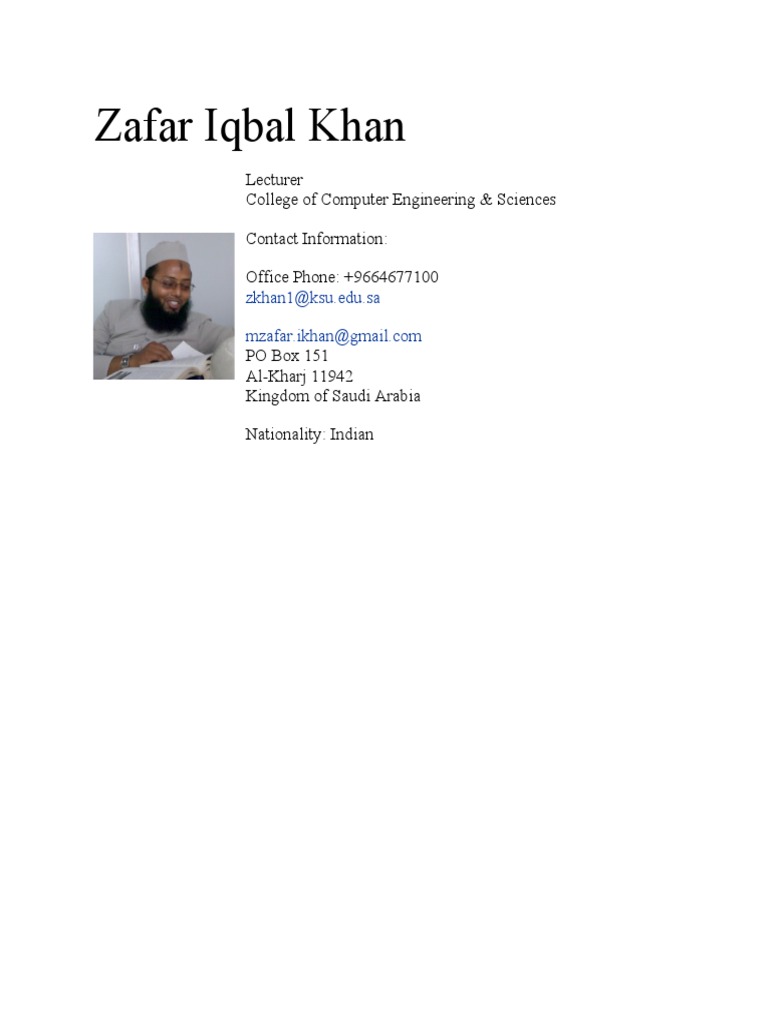 Zafar Iqbal Khan Profile | PDF