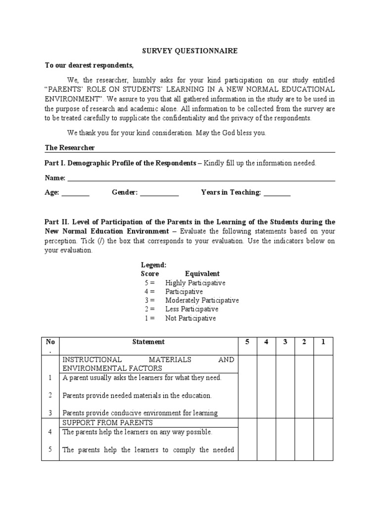 Survey Questionnaire Pdf Learning Behavior Modification