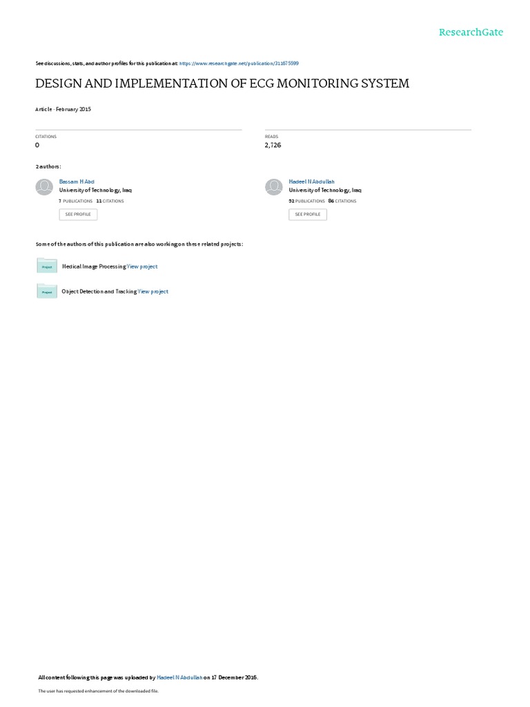 Ecg Monitoring System | PDF | Amplifier | Electrocardiography