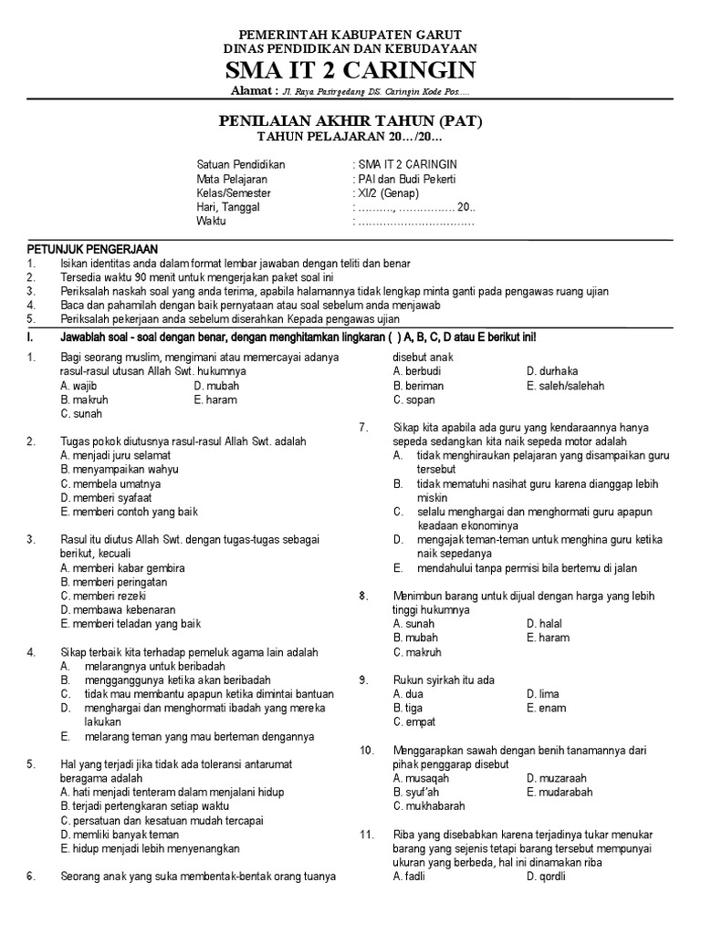 Soal PAT PAI Kelas 11 | PDF