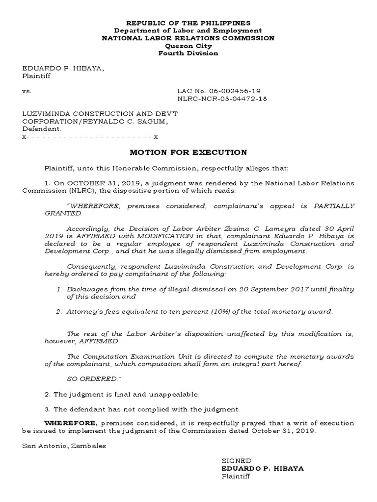 NLRC motion execution | PDF | Judiciaries | Public Law