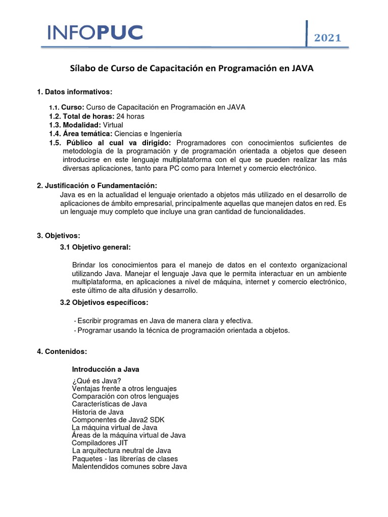 Sílabo JAVA 2021 | PDF | Java (lenguaje de programación) | Lenguaje de programación