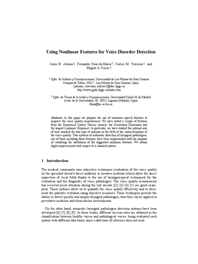 Using Nonlinear Features For Voice Disorder Detection | PDF | Statistical Classification ...