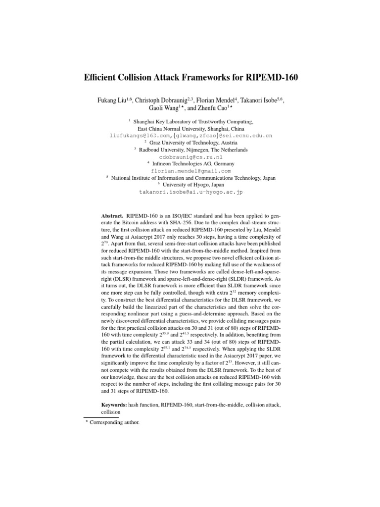 E Fficient Collision Attack Frameworks For RIPEMD-160 | PDF | Cryptography | Secrecy