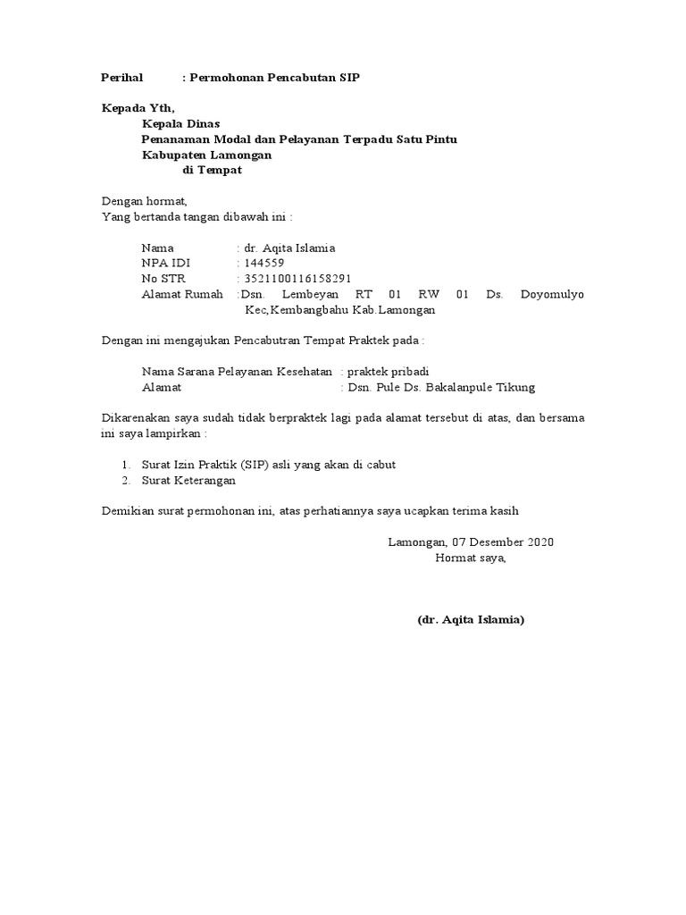 Permohonan Pencabutan SIP Surat IjinPraktek | PDF