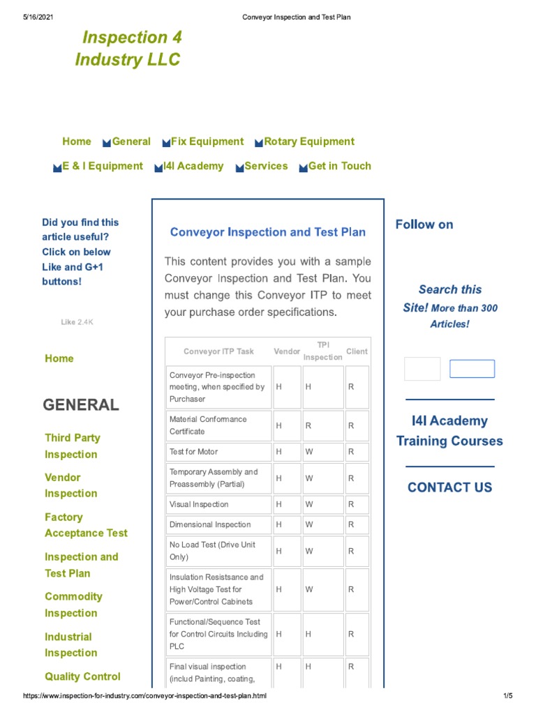Conveyor Inspection and Test Plan | PDF