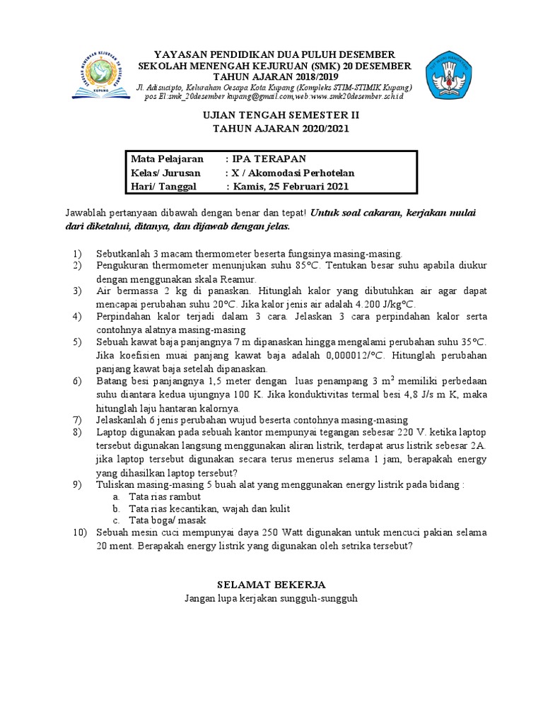 Soal Mid Ipa Terapan X Ap - Sudah Print | PDF
