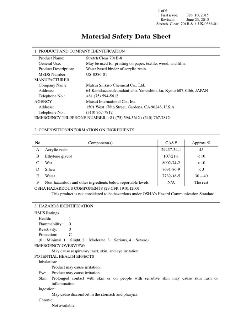 Stretch Clear 701B-8 Lucas MSDS | PDF | Dangerous Goods | Toxicity