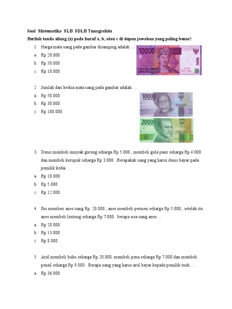 Soal Matematika SLB SDLB Tunagrahita Berilah Tanda Silang (X) Pada ...