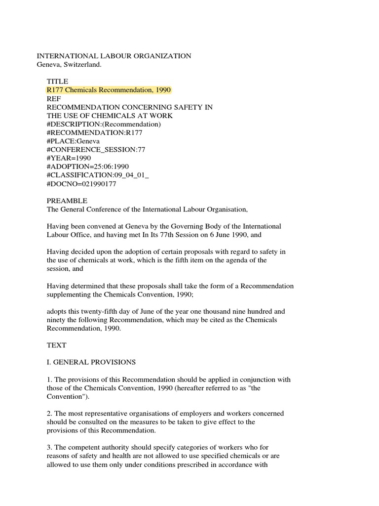 R177 Chemicals Recommendation, 1990 | PDF | Safety | Occupational ...