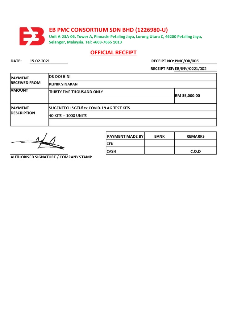 Official Receipt - Klinik Layong Kinabatangan PDF | PDF