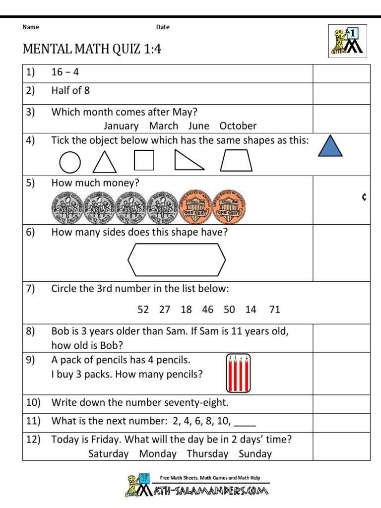 Mental Math Quiz 1:4: Name Date | PDF | Language Arts & Discipline