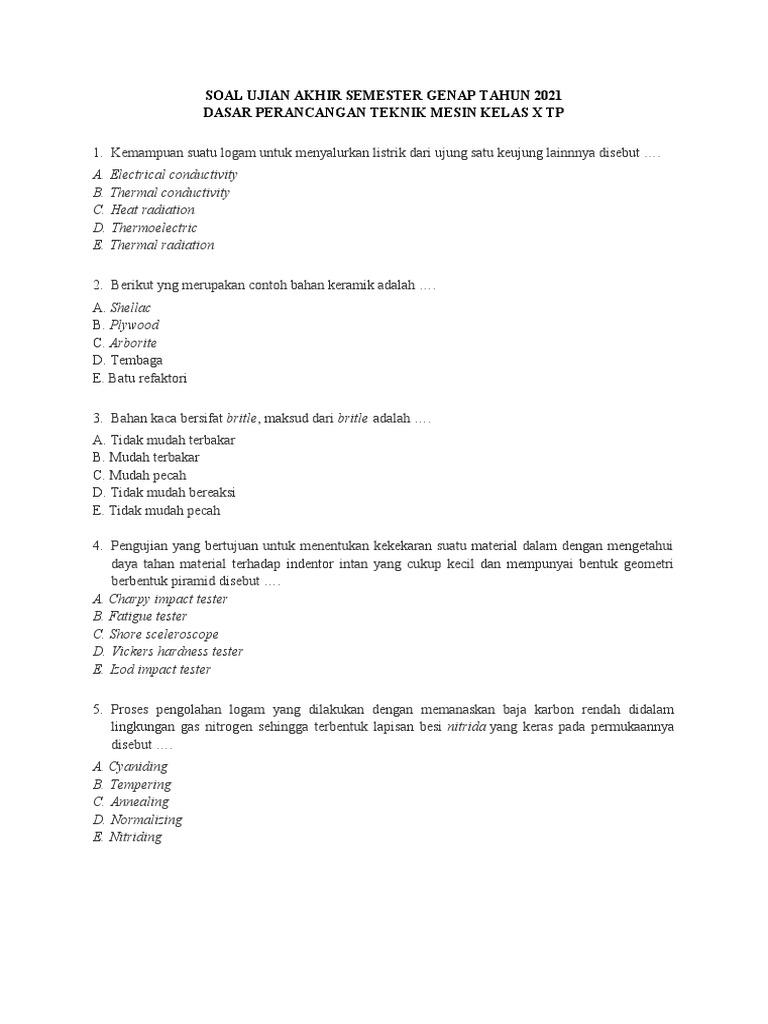 Soal Uas Genap Dasar Perancangan Teknik Mesin Kelas X Tahun 2021 | PDF