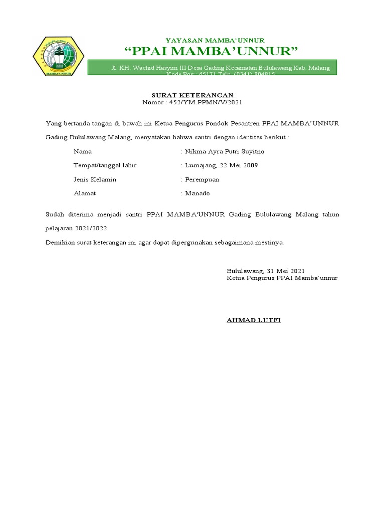 Surat Diterima Pondok Pesantren | PDF