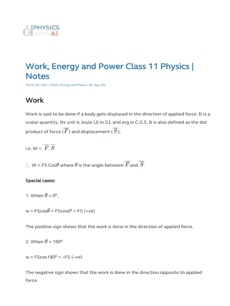 Work, Energy and Power Class 11 Physics - Notes | PDF | Collision | Force