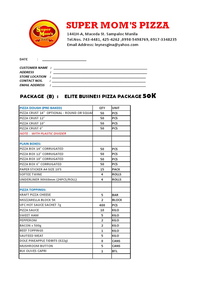 Super Mom'S Pizza: Package (B) : Elite Business Pizza Package | PDF ...