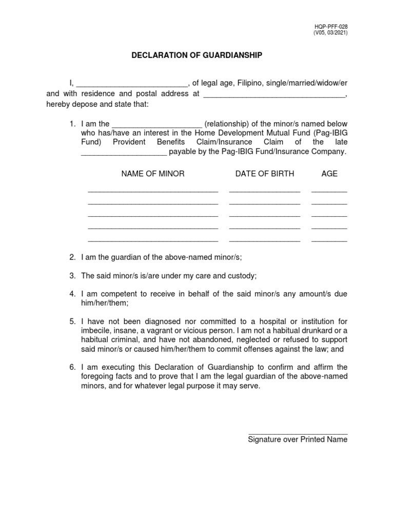 Declaration of Guardianship: HQP-PFF-028 (V05, 03/2021) | PDF