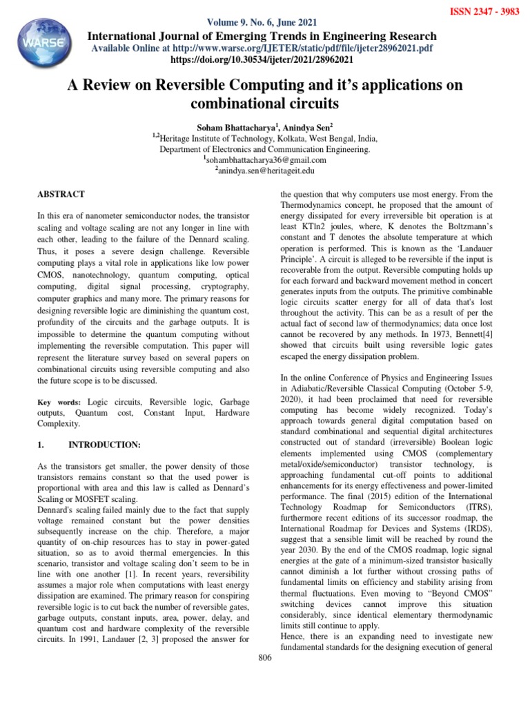 A Review On Reversible Computing and It's Applications On Combinational Circuits | PDF | Logic ...