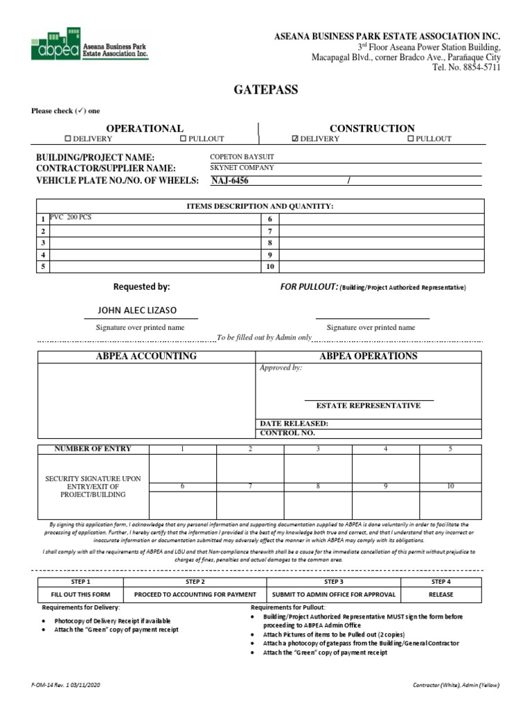 ABPEA Delivery Gatepass 2020 | PDF | Business